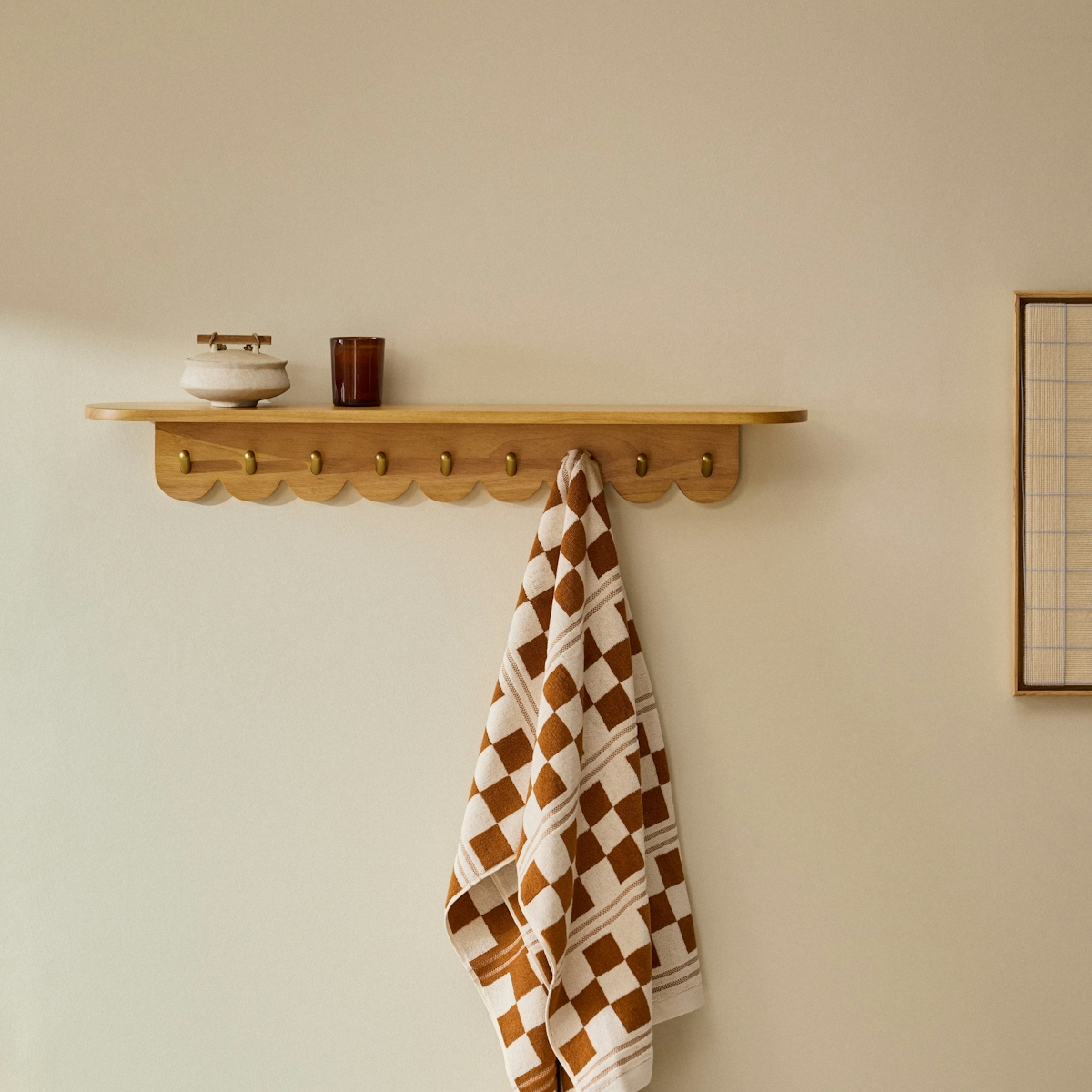 Shelly Scalloped Wide Ledge Wall Shelf, Oak Wood, Brass Hooks | Article
