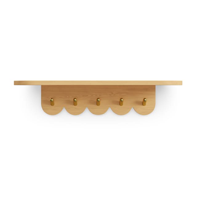 Shelly Scalloped Narrow Ledge Wall Shelf, Oak Wood, Brass Hooks | Article