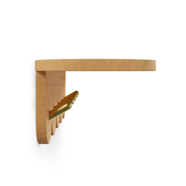 Shelly Scalloped Narrow Ledge Wall Shelf, Oak Wood, Brass Hooks | Article