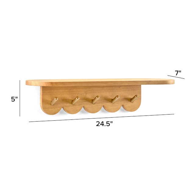 Shelly Scalloped Narrow Ledge Wall Shelf, Oak Wood, Brass Hooks | Article