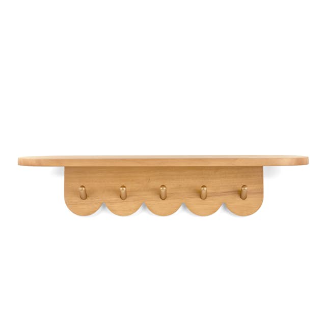 Shelly Scalloped Narrow Ledge Wall Shelf, Oak Wood, Brass Hooks | Article