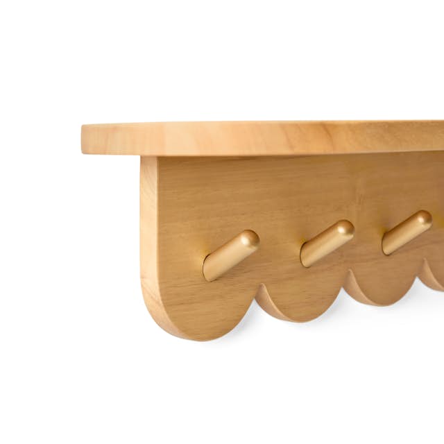 Shelly Scalloped Narrow Ledge Wall Shelf, Oak Wood, Brass Hooks | Article