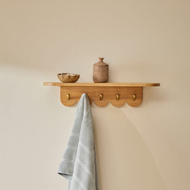 Shelly Scalloped Narrow Ledge Wall Shelf, Oak Wood, Brass Hooks | Article