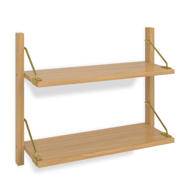 Stark Oak Wood Wall Shelf, Narrow 2-Tier Modular Design, Brass Metal ...