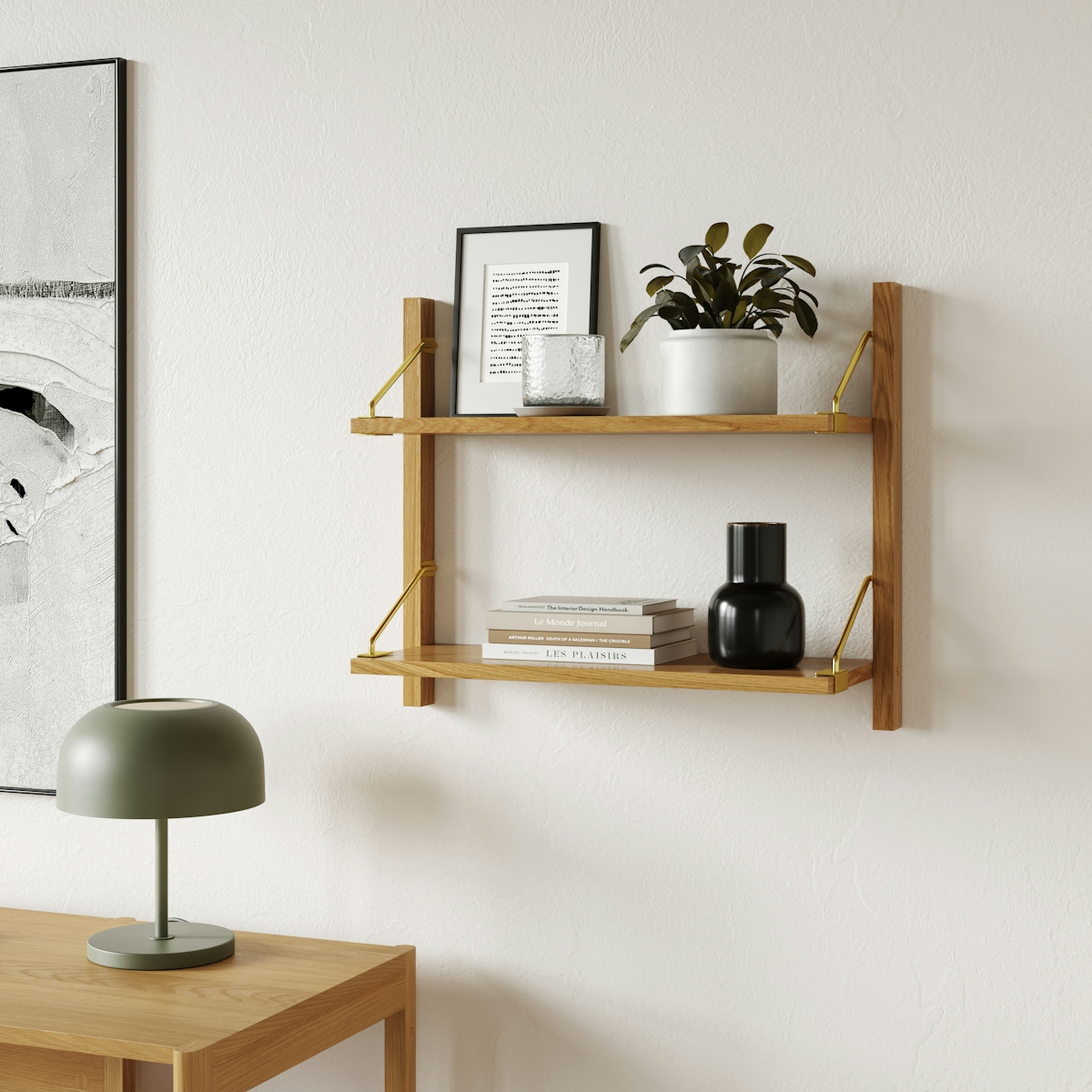 Stark Oak Wood Wall Shelf, Narrow 2-Tier Modular Design, Brass Metal ...