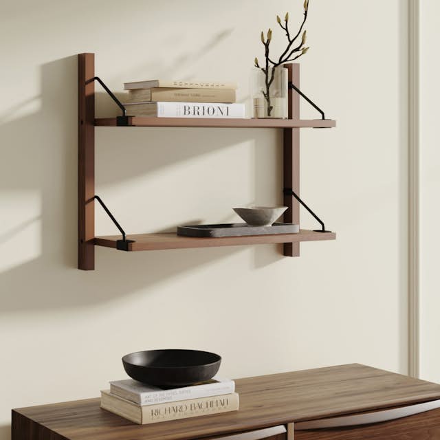 Stark Walnut Wood Wall Shelf, Narrow 2-Tier Modular Design, Black Metal ...