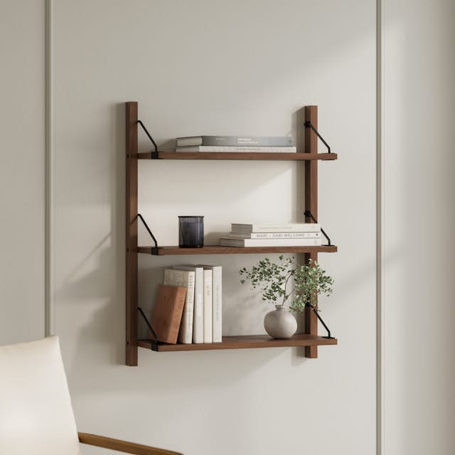 Stark Walnut Wood Wall Shelf, Narrow 3-Tier Modular Design, Black Metal ...