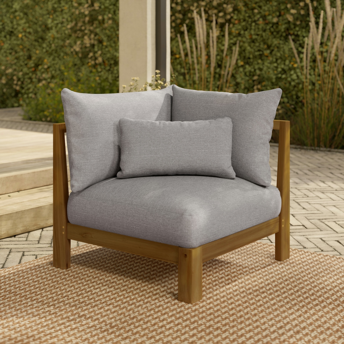 Acacia Wood & Basket Gray Fabric Outdoor Corner Module | Cove | Article