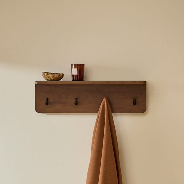 Williams Walnut Wood 24" Ledge Shelf with Black Metal Hooks | Article