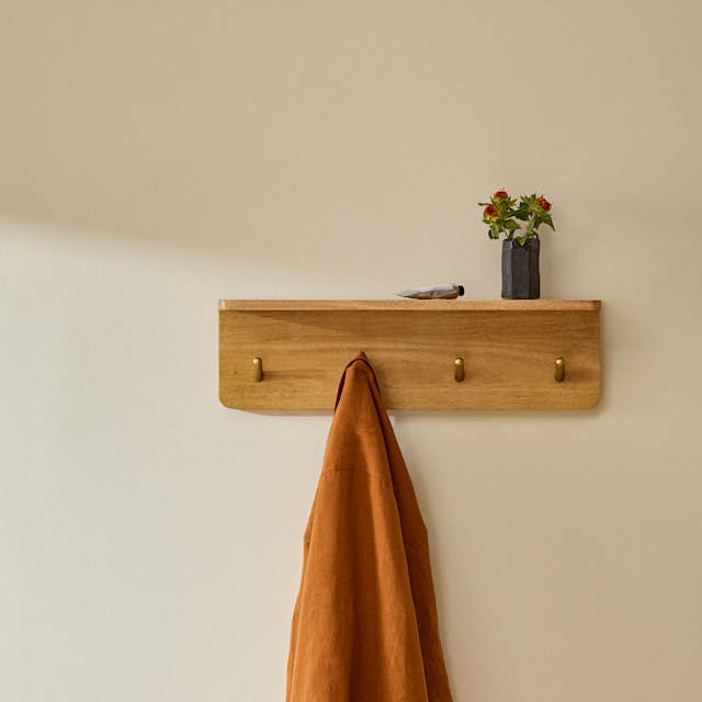 Williams Oak Wood 24" Ledge Shelf with Brass Metal Hooks | Article