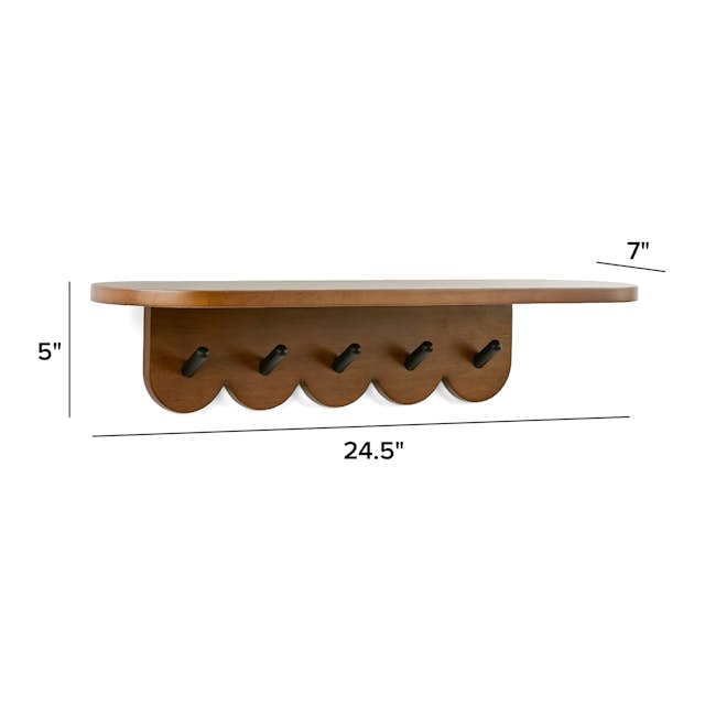 Shelly Scalloped Narrow Ledge Wall Shelf, Walnut Wood, Black Hooks ...