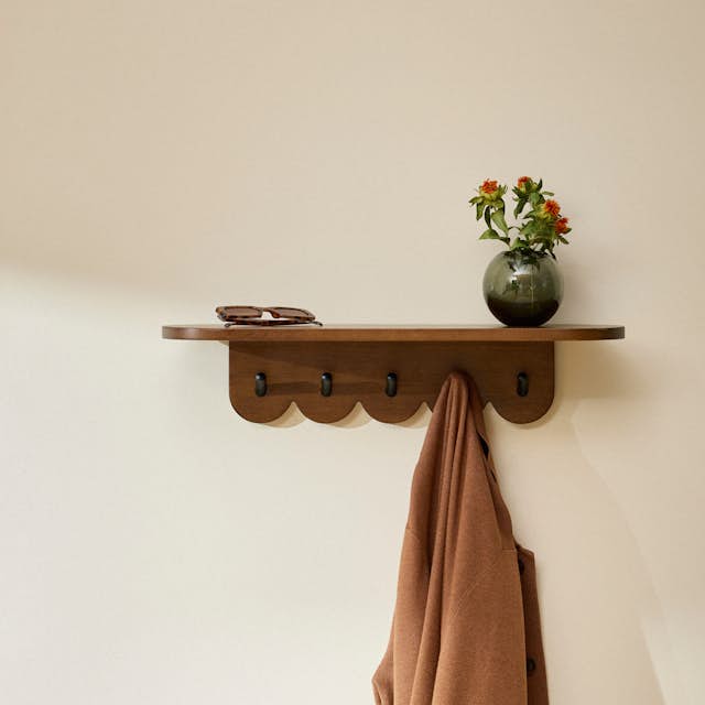 Shelly Scalloped Narrow Ledge Wall Shelf, Walnut Wood, Black Hooks ...