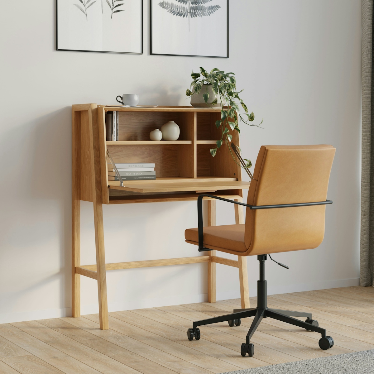 Fantol Natural Oak Wood Secretary Computer Desk, Bar Cabinet | Article