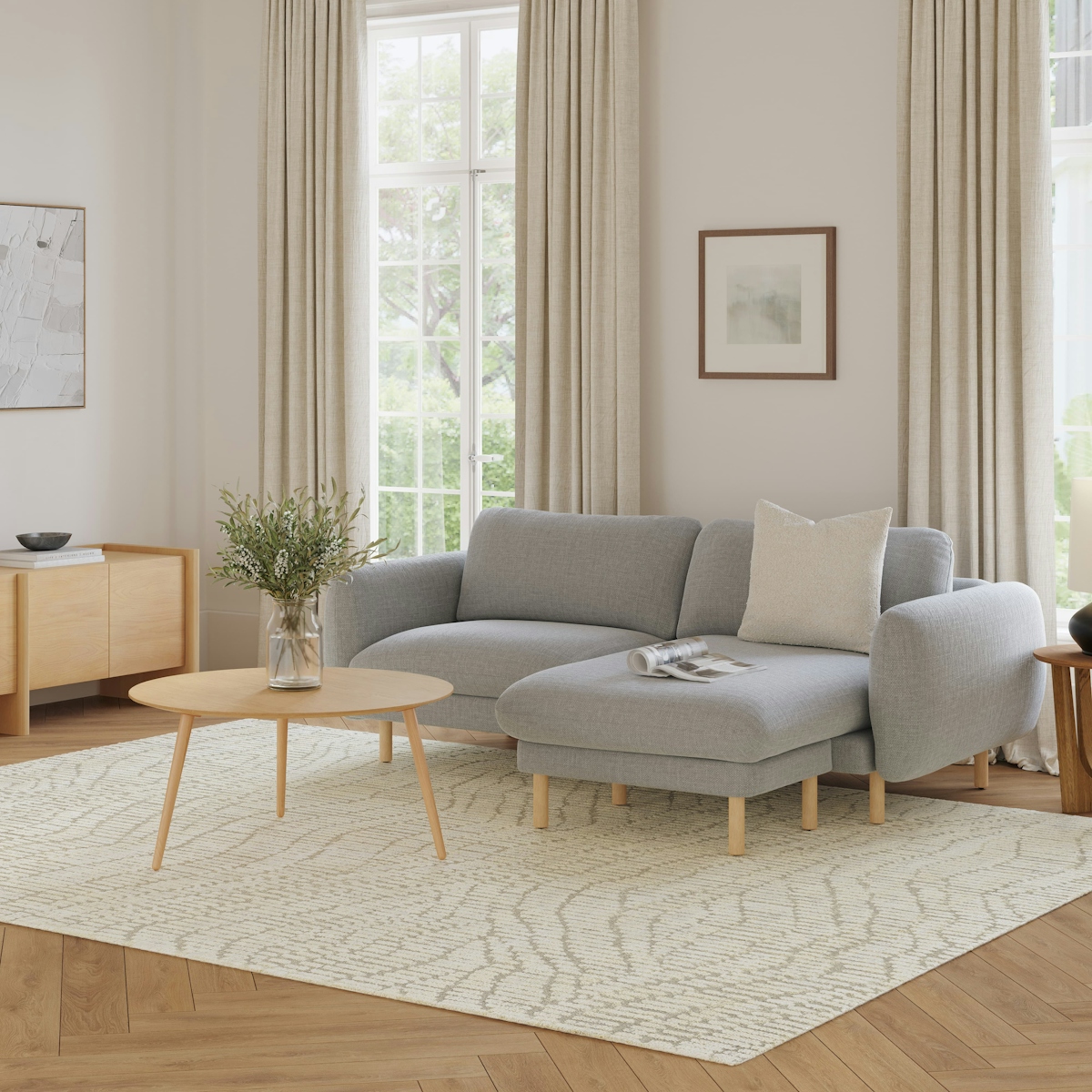 Sanders Hestia Gray Fabric Reversible Chaise Sectional Sofa, Solid Wood ...