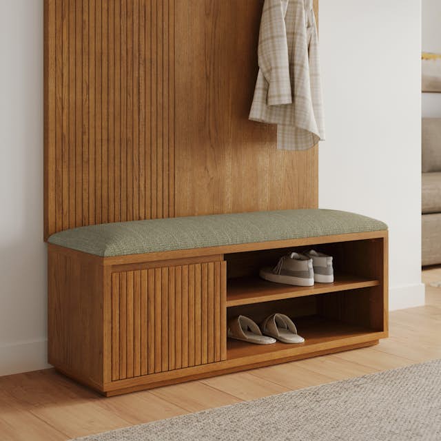 Kouva Smoked Oak and Algonquin Green Bench with Storage | Article