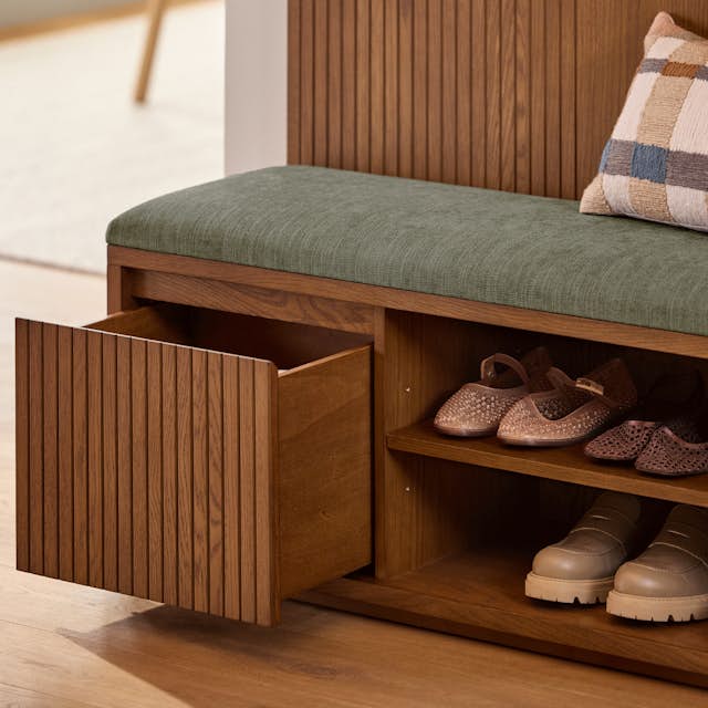 Kouva Smoked Oak and Algonquin Green Bench with Storage | Article