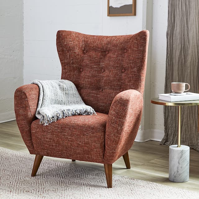 Mod Orange Fabric Accent Armchair, High Wing Back, Curved Arms, Solid ...