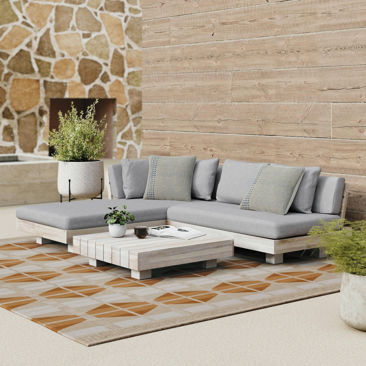 Acacia Wood & Beach Sand Fabric Outdoor Low Left Sectional Set with ...