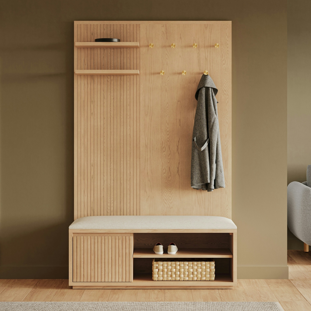Kouva Natural Oak Wall Tree Storage Panel with Shelves, Brass Coat ...