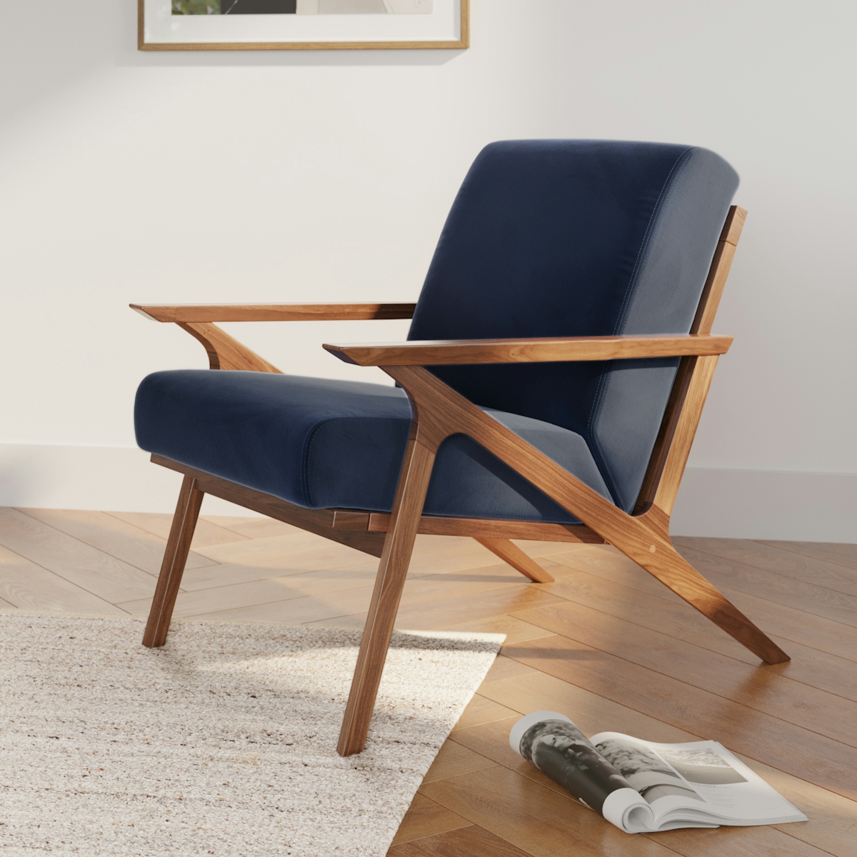 Otio Hale Ink Blue Velvet and Walnut Lounge Chair | Article