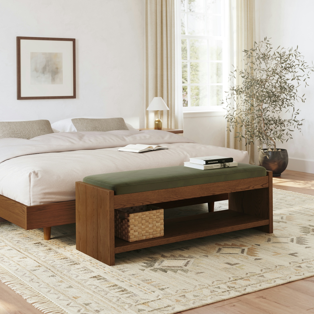 Cassie Hale Fir Green Velvet & Oak Bench | Article