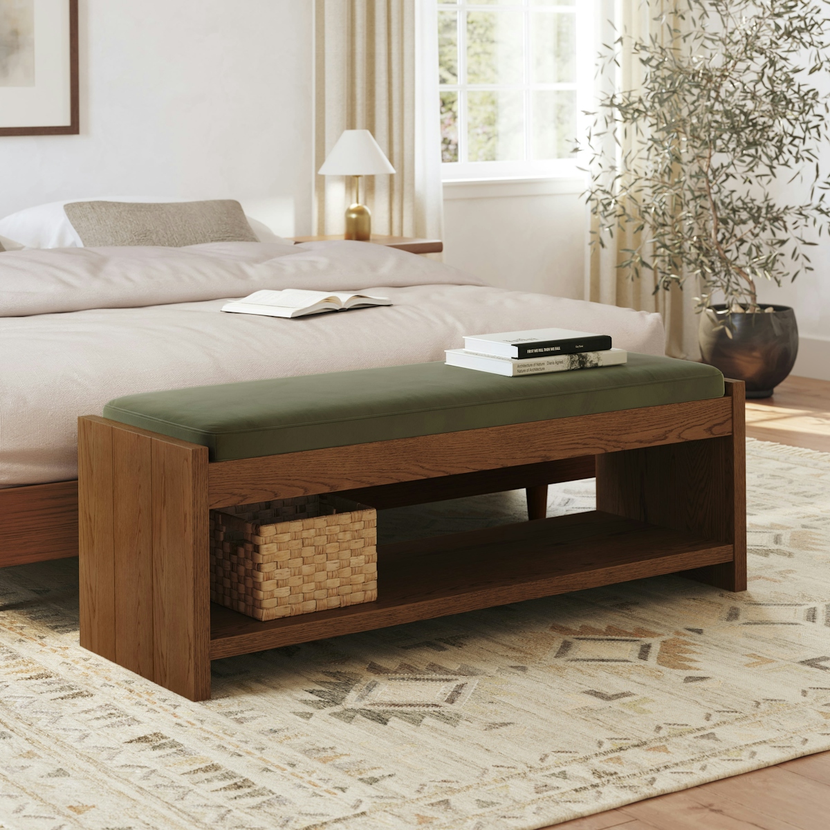 Cassie Hale Fir Green Velvet & Oak Bench | Article