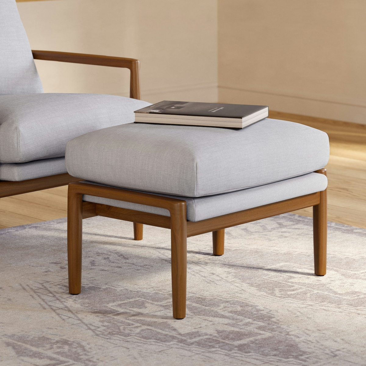Bavel Field Gray Fabric & Walnut Ottoman | Article