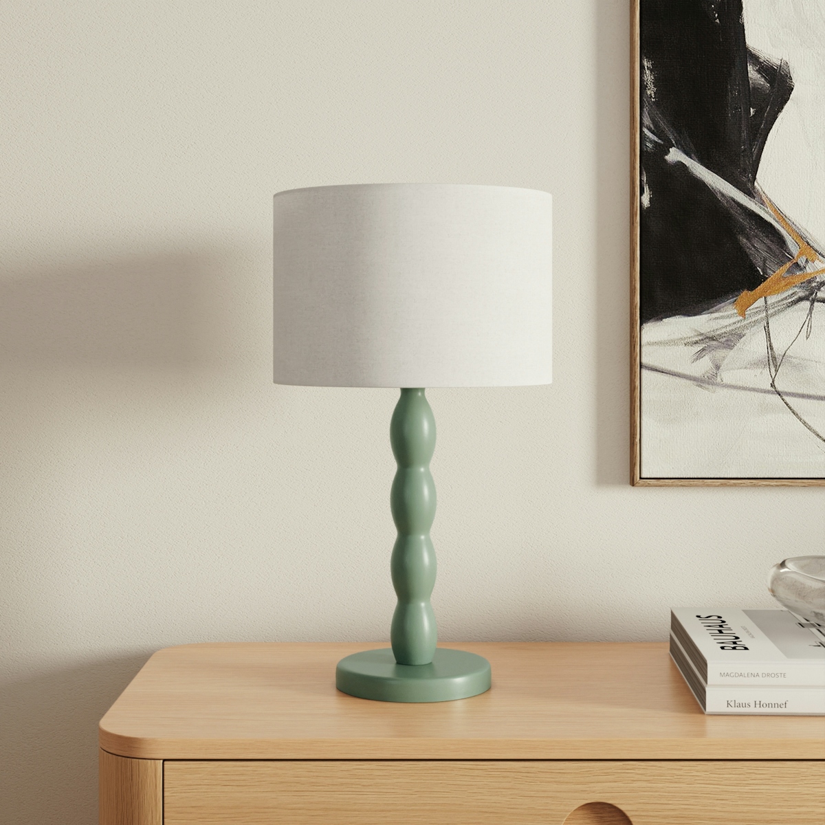 Sloane Norfolk Green Table Lamp, Linen Fabric Drum Shade, Curvy Beaded ...