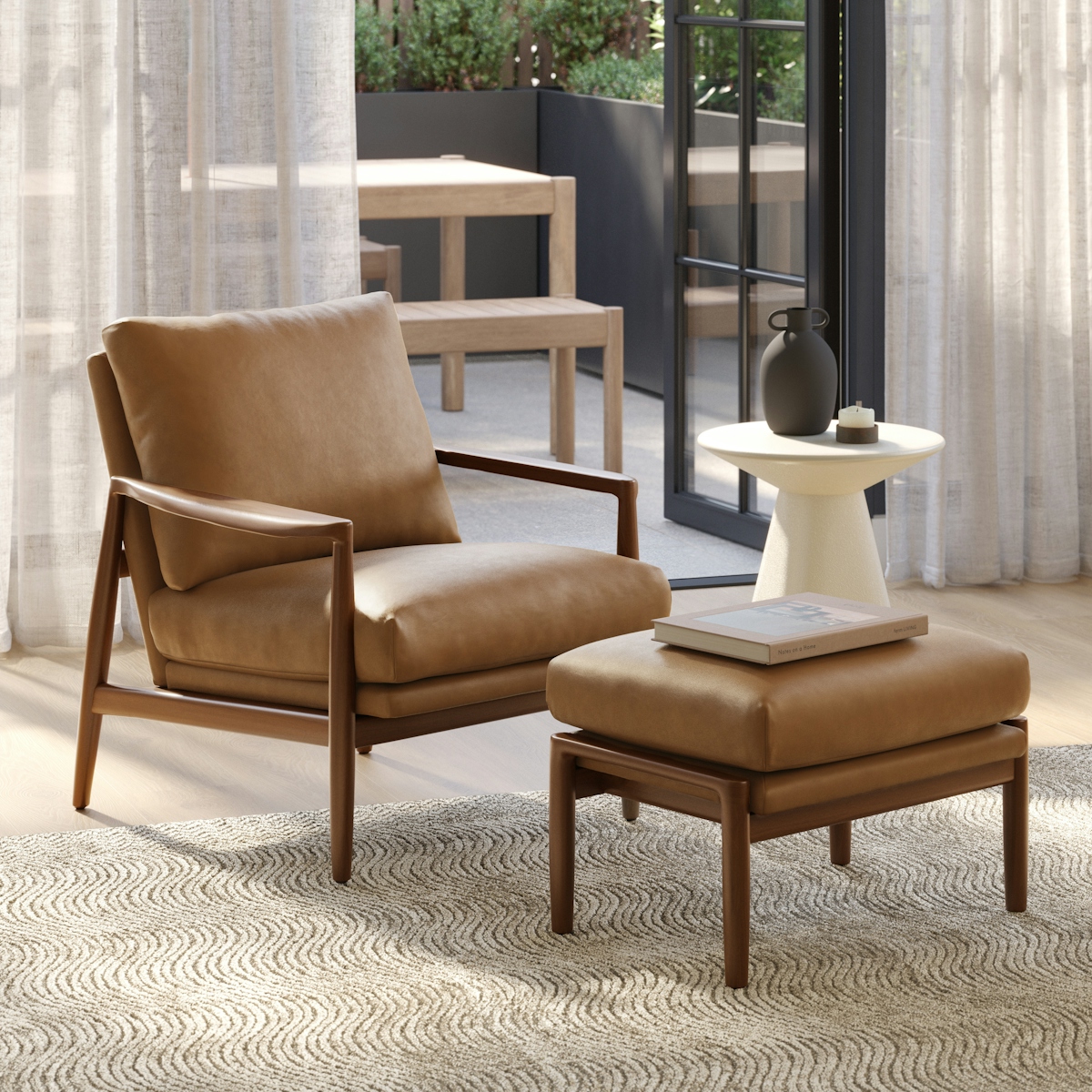 Bavel Charme Tan Leather & Walnut Lounge Chair and Ottoman Set | Article