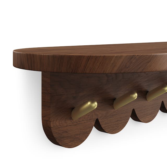 Shelly Scalloped Wide Ledge Wall Shelf, Walnut Wood, Brass Hooks | Article