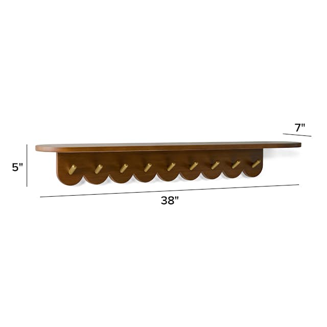 Shelly Scalloped Wide Ledge Wall Shelf, Walnut Wood, Brass Hooks | Article