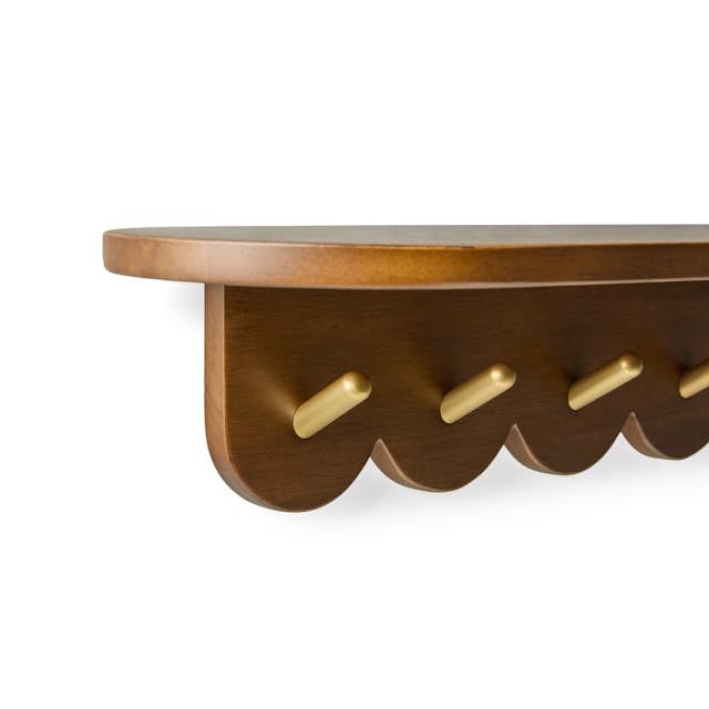 Shelly Scalloped Wide Ledge Wall Shelf, Walnut Wood, Brass Hooks | Article