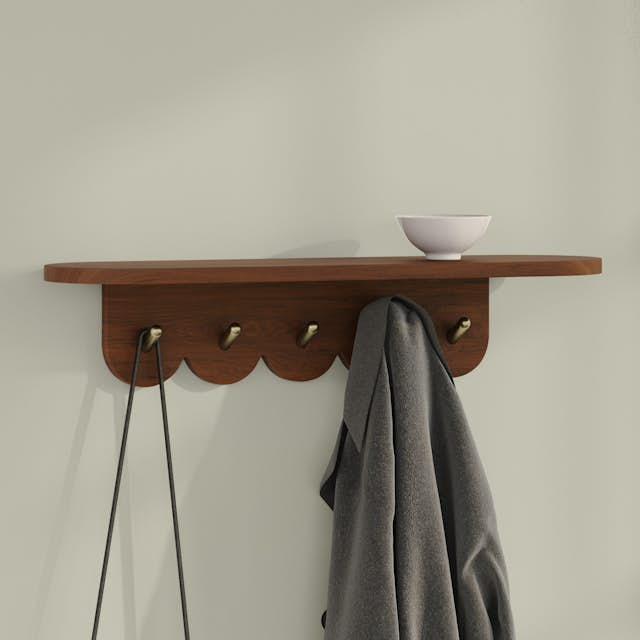 Shelly Scalloped Narrow Ledge Wall Shelf, Walnut Wood, Brass Hooks ...