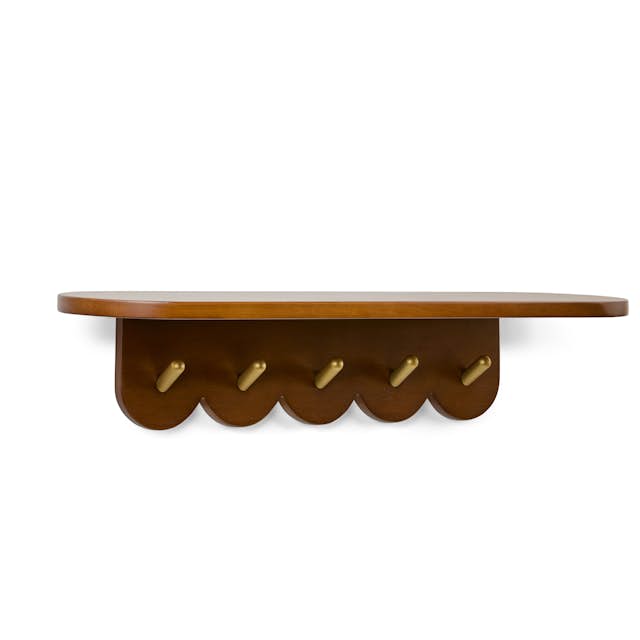 Shelly Scalloped Narrow Ledge Wall Shelf, Walnut Wood, Brass Hooks ...