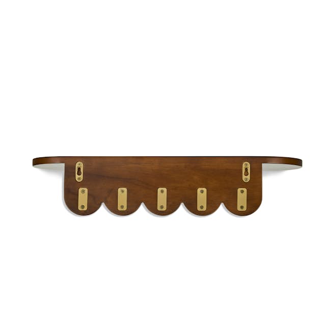 Shelly Scalloped Narrow Ledge Wall Shelf, Walnut Wood, Brass Hooks ...