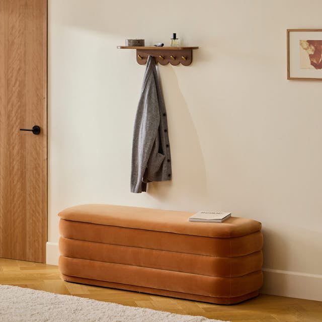Shelly Scalloped Narrow Ledge Wall Shelf, Walnut Wood, Brass Hooks ...