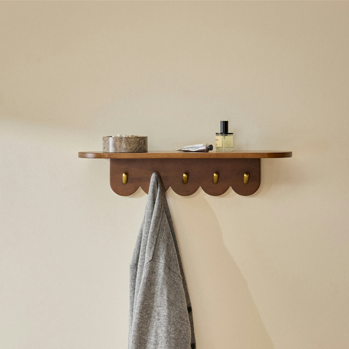 Shelly Scalloped Narrow Ledge Wall Shelf, Walnut Wood, Brass Hooks ...