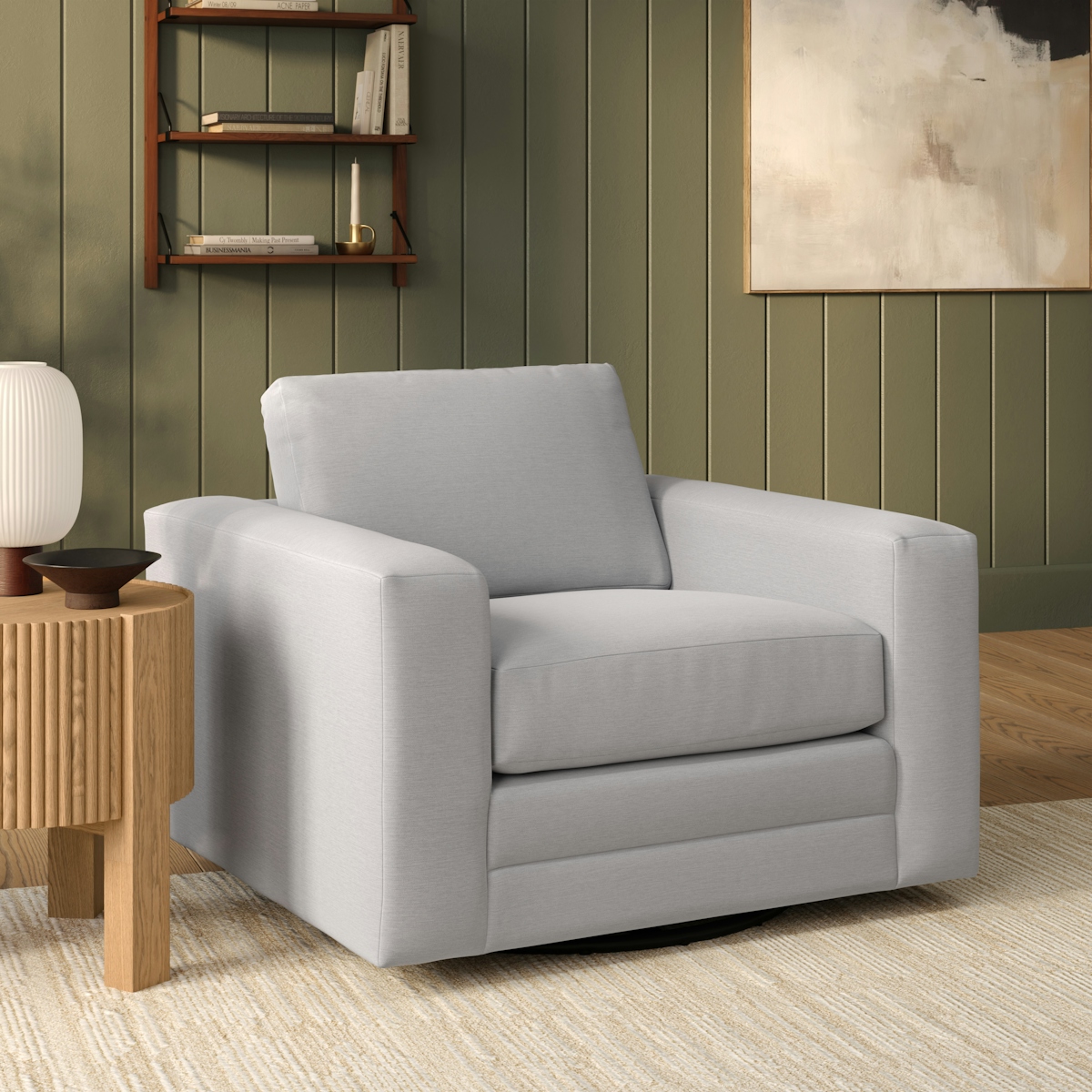Riley Silver Ivory Grand Swivel Chair | Article