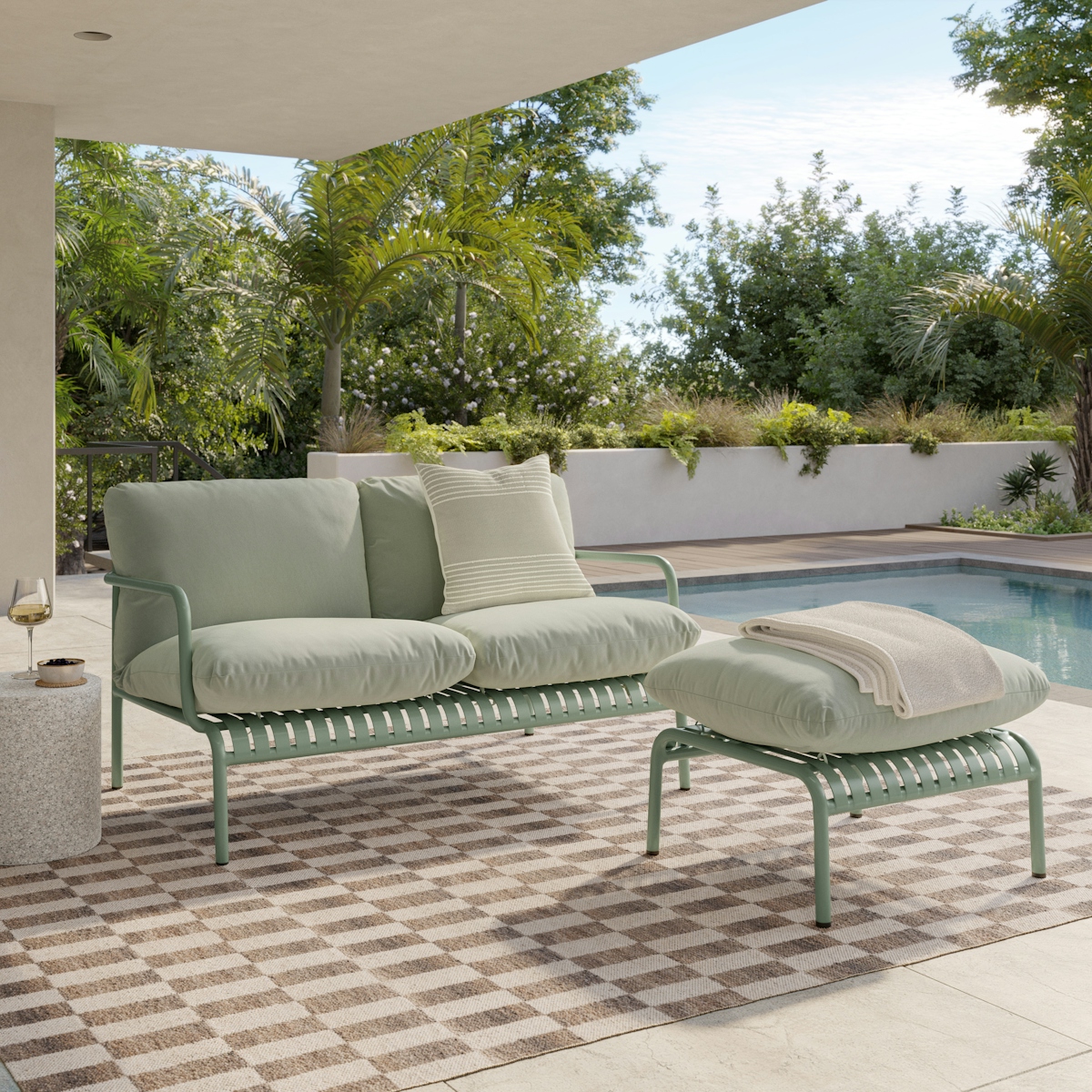 Sarek Sunbrella® Mint and Khaki Green Outdoor Loveseat and Lounge Chair ...