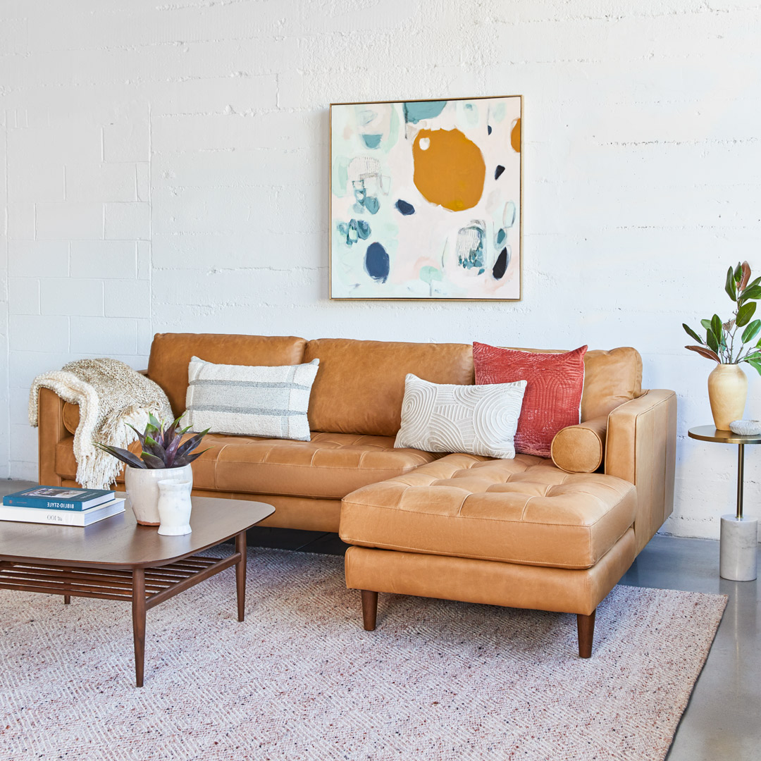 Tan leather couch with chaise store