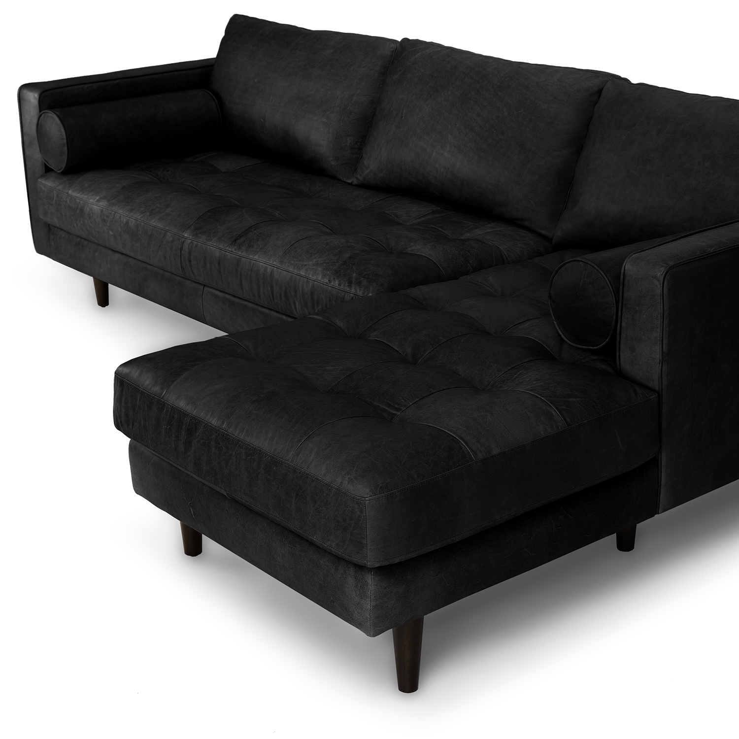 Sven Walnut Oxford Black Leather Right Chaise Sectional Article