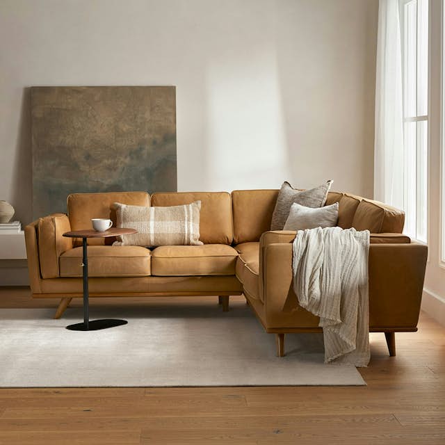 Timber Charme Tan Italian Leather Corner Sectional, Solid Honey Oak ...
