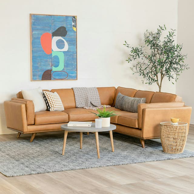 Timber Charme Tan Italian Leather Corner Sectional, Solid Honey Oak ...