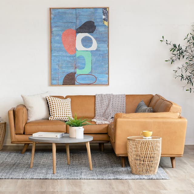 Timber Charme Tan Italian Leather Corner Sectional, Solid Honey Oak ...