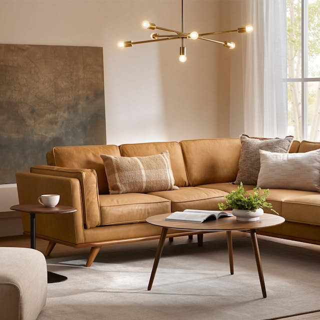 Timber Charme Tan Italian Leather Corner Sectional, Solid Honey Oak ...