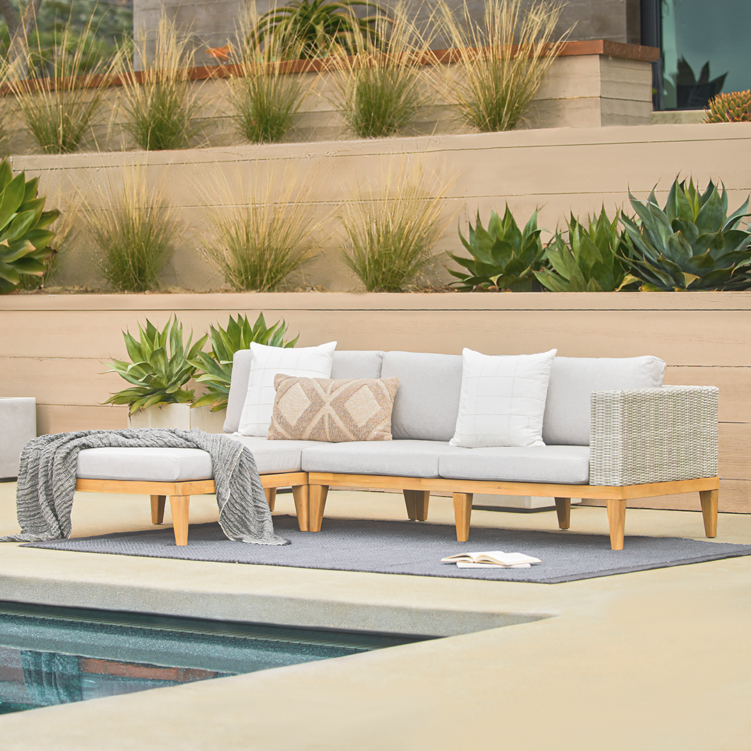 Beige Outdoor Left Sectional 98 W Durable Synthetic Wicker Solid Acacia Wood Scandinavian Design Article Urba Outdoor Furniture