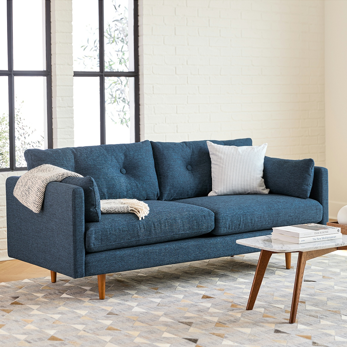 Anton Walnut & Twilight Blue Fabric 2.5 Seater Sofa | Article
