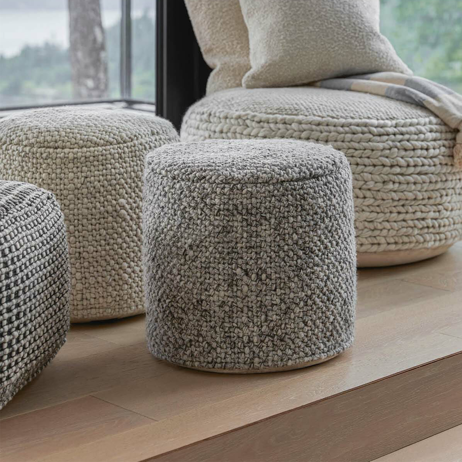 Round Fog Gray Handmade Fabric Pouf Texa Article